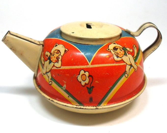 1940s KITTENS Tin Toy Tea Pot With Girls as Kittens Graphics. Storybook ...