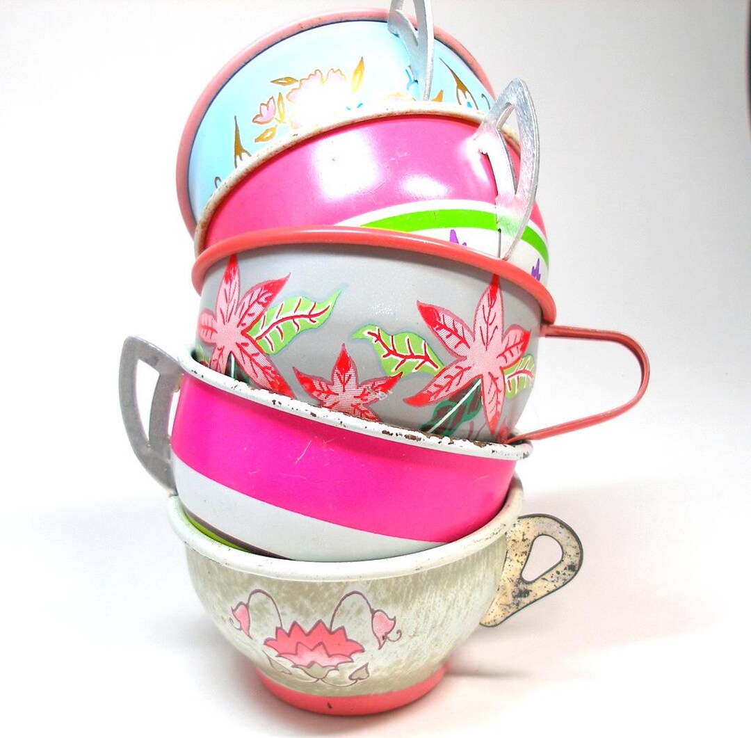 50s Tin Toy Tea Cups. Hearts, Flowers & BUTTERFLY Graphics on 5 Metal ...