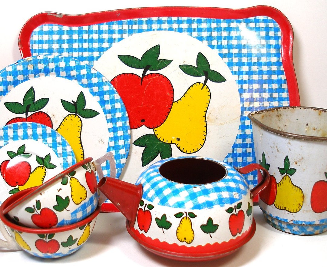 Apples & Pears Tin Toy Tea Set. Fruit in Red, Blue, Yellow. 9 Piece Set ...