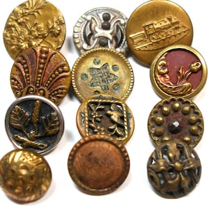 12 Antique BUTTONS. 1800s Victorian Metal Picture Buttons. Mixed Lot ...