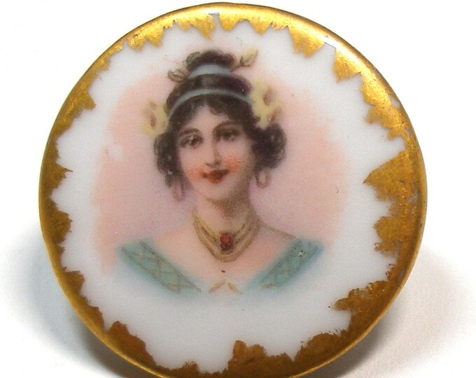 1900s Antique Porcelain Portrait Button. Edwardian China Stud With Hand ...