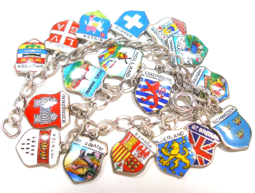 Travel Charm Bracelet, Sterling Silver With 17 Enamel Shields, 7. Fully ...