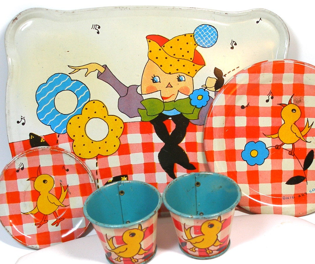 Humpy Dumpty 1930s Tin Toy Tea Set. 7 Pieces by Ohio Art Co. Made in ...