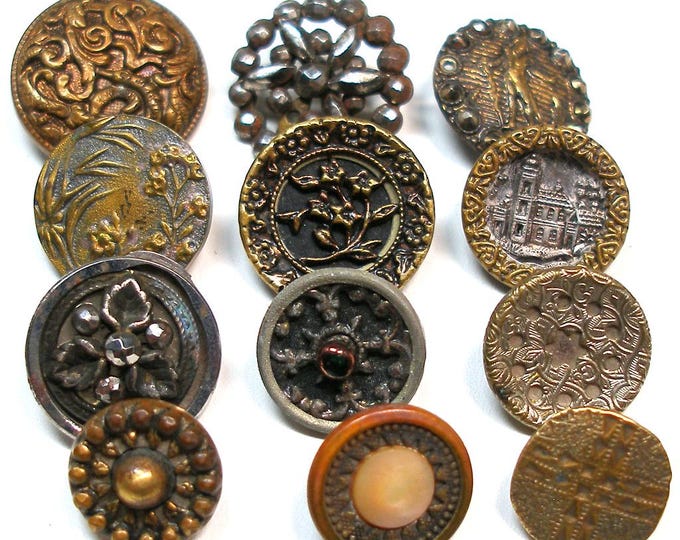 12 Antique Buttons.victorian Metal Picture Buttons. Mixed Lot 19th ...