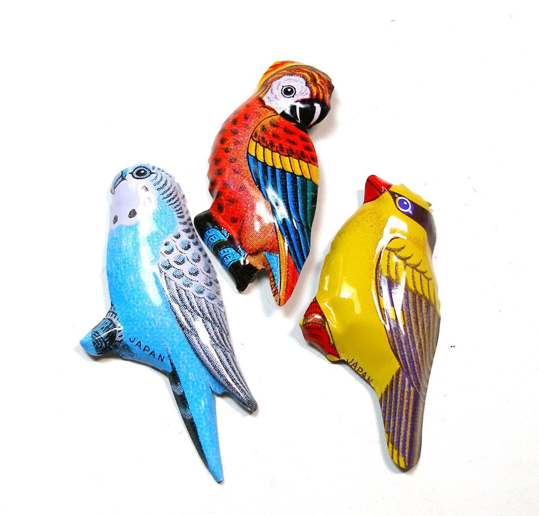 3 Tin Toy BIRD Pins, 1960s Japanese Costume Jewelry With Parrot, Budgie ...