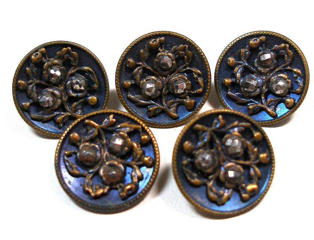 Five Antique Cut Steel BUTTONS. 9/16" Victorian Flowers With Blue Tint ...