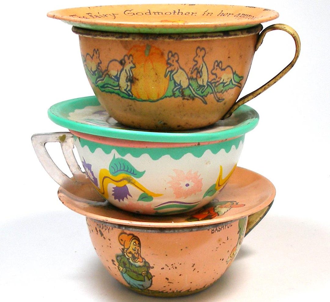 40s Tin Toy Tea Cups & Saucers. Snow White, Cinderella, Flowers ...