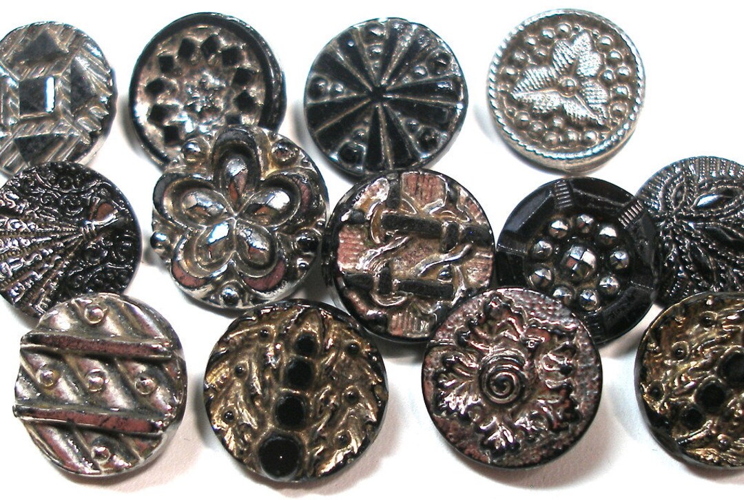 13 Victorian Black Glass Buttons. Antique 19th Century Glass With ...