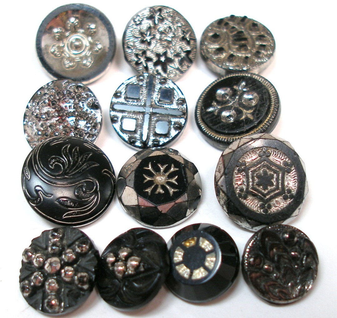 13 Victorian Black Glass Buttons. Antique 19th Century Glass With ...