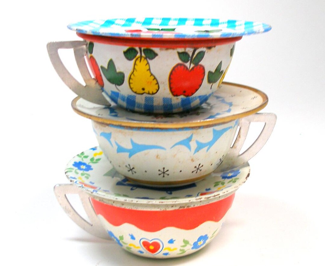 50s Tin Toy Tea Cups & Saucers. Set of 6 With Snowflakes, Fruit ...