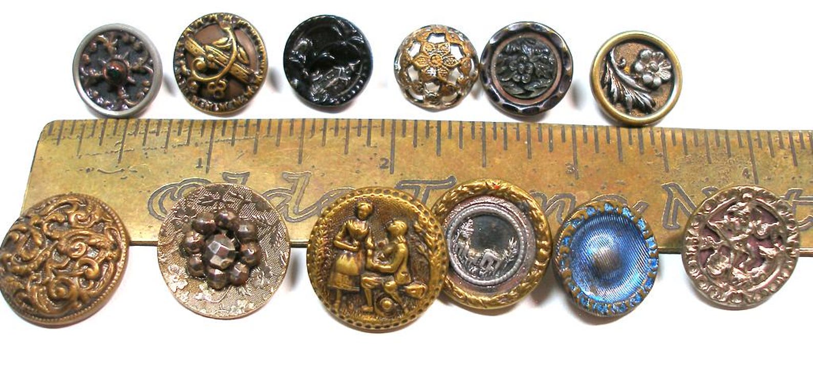 12 Antique BUTTONS. 1800s Victorian & Vintage Metal Picture Buttons ...