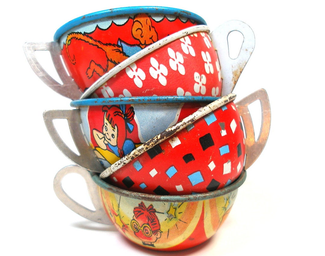 50s Tin Toy Tea Cups. Monkey, Doll, Confetti, Flowers. Instant ...
