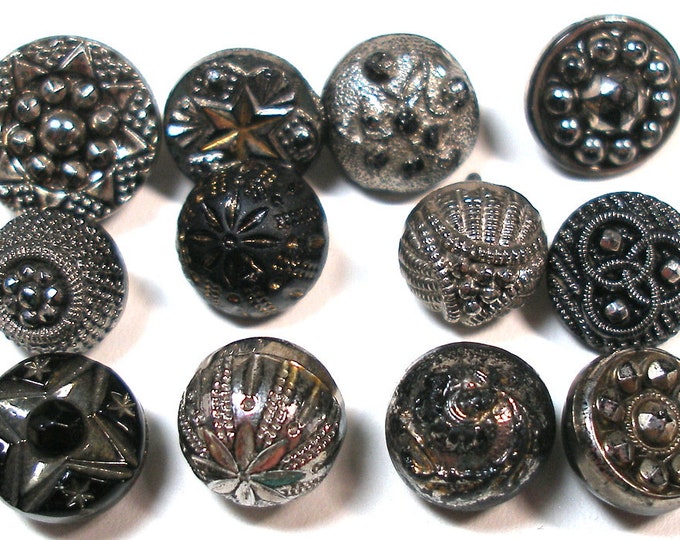 12 Victorian Black Glass Buttons. Antique 19th Century Glass With ...