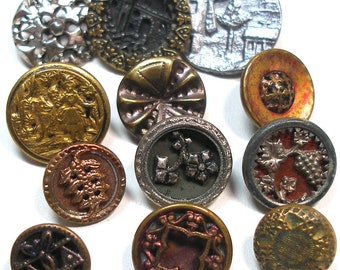 12 Antique BUTTONS. 1800s Victorian Metal Picture Buttons. Mixed Lot ...