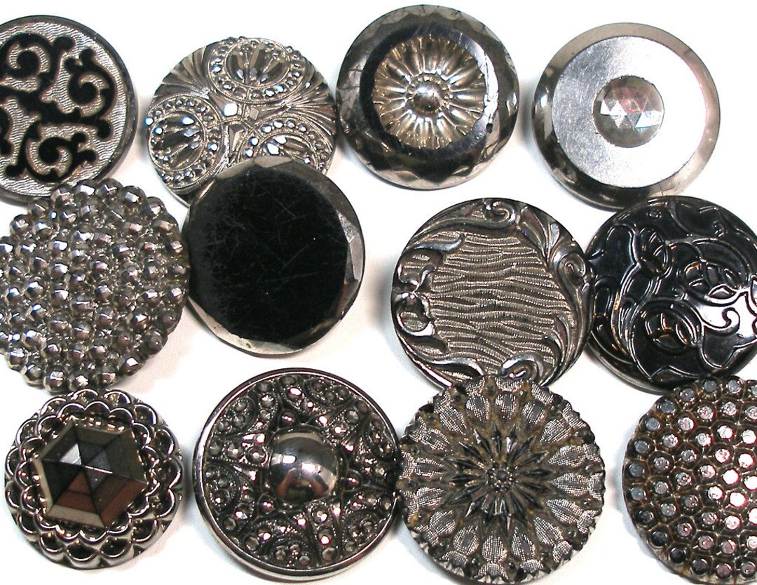 12 Large Victorian Black Glass Buttons. Antique 19th Century Glass With ...