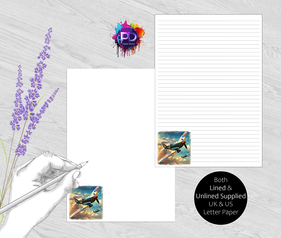 Spitfire War Plane Printable Writing Paper, Both UK A4 & US Letter ...
