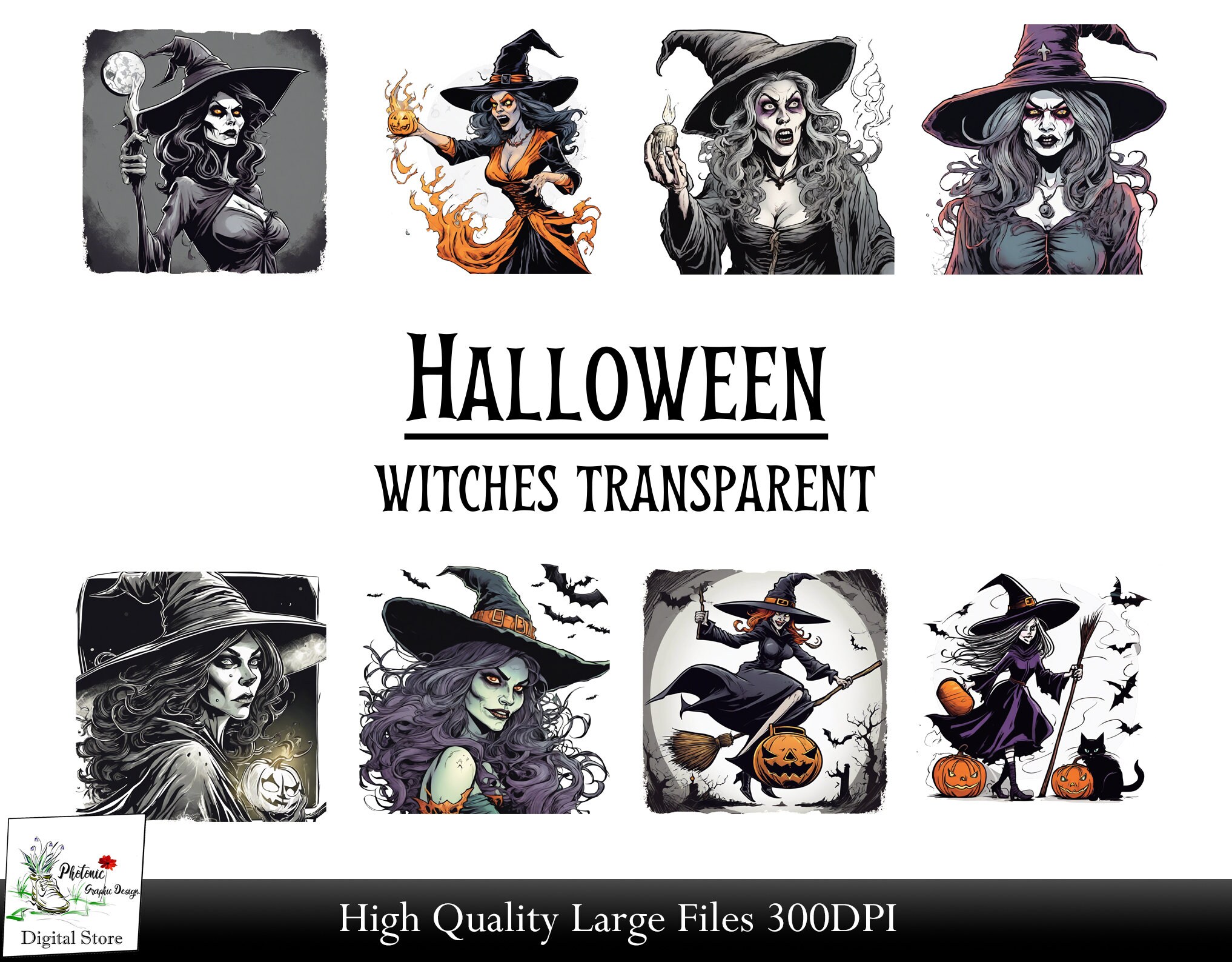 25 PNG Halloween Witches Clipart Bundle, Horror Gothic Transparent ...