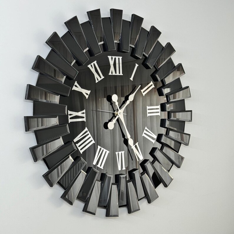 Extra Large Black Mirrored Wall Clock, Roman Numerals, Silent Home ...