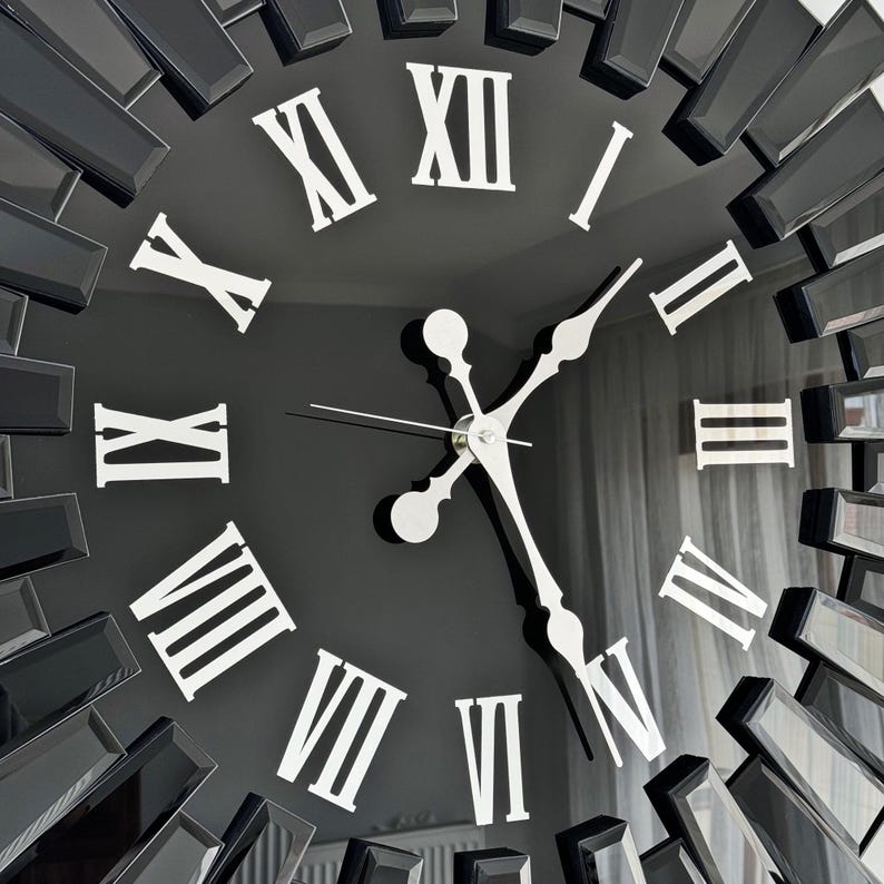 Extra Large Black Mirrored Wall Clock, Roman Numerals, Silent Home ...