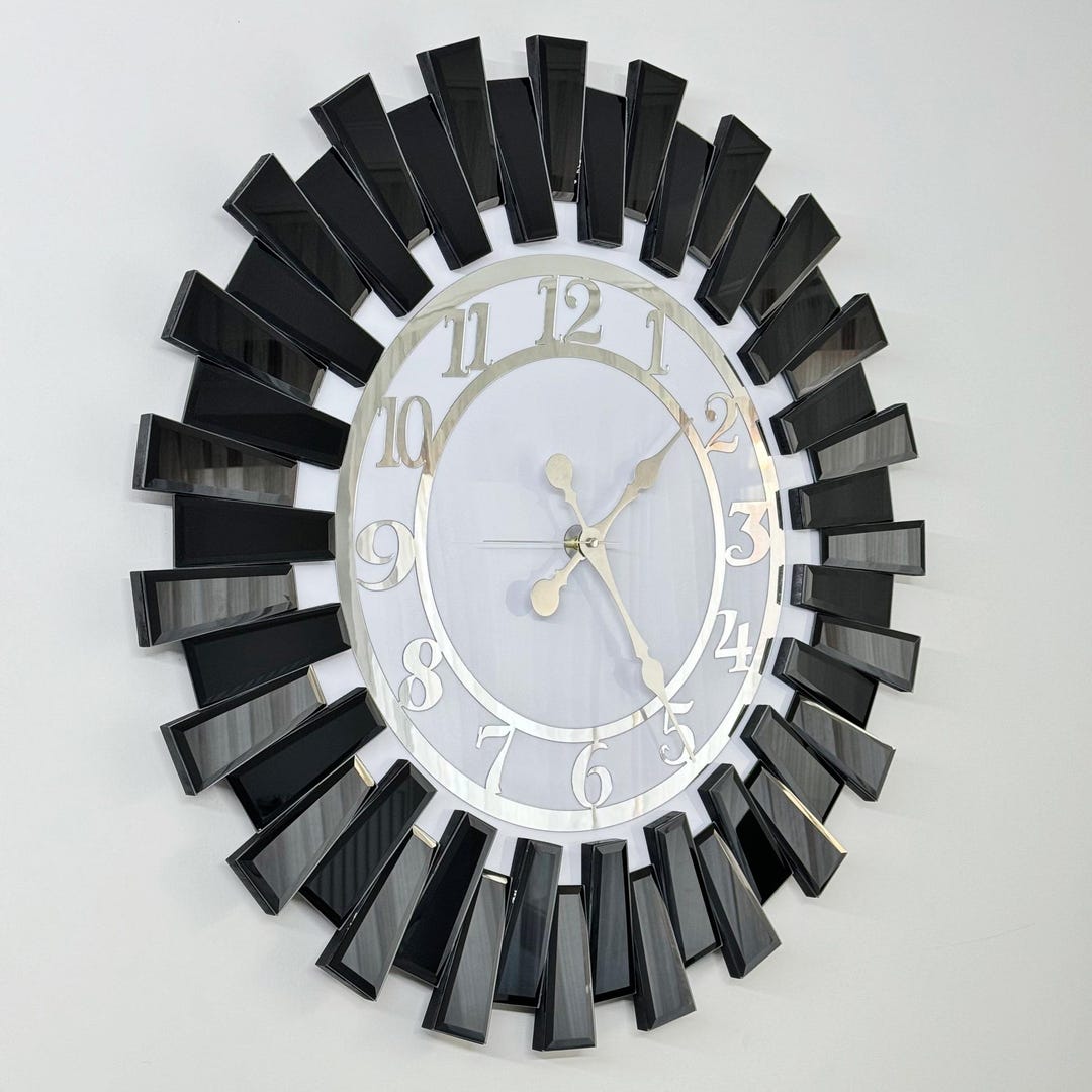 Black White Wall Clock, Black Glass Mirrored Wall Clock and Wall Decor ...