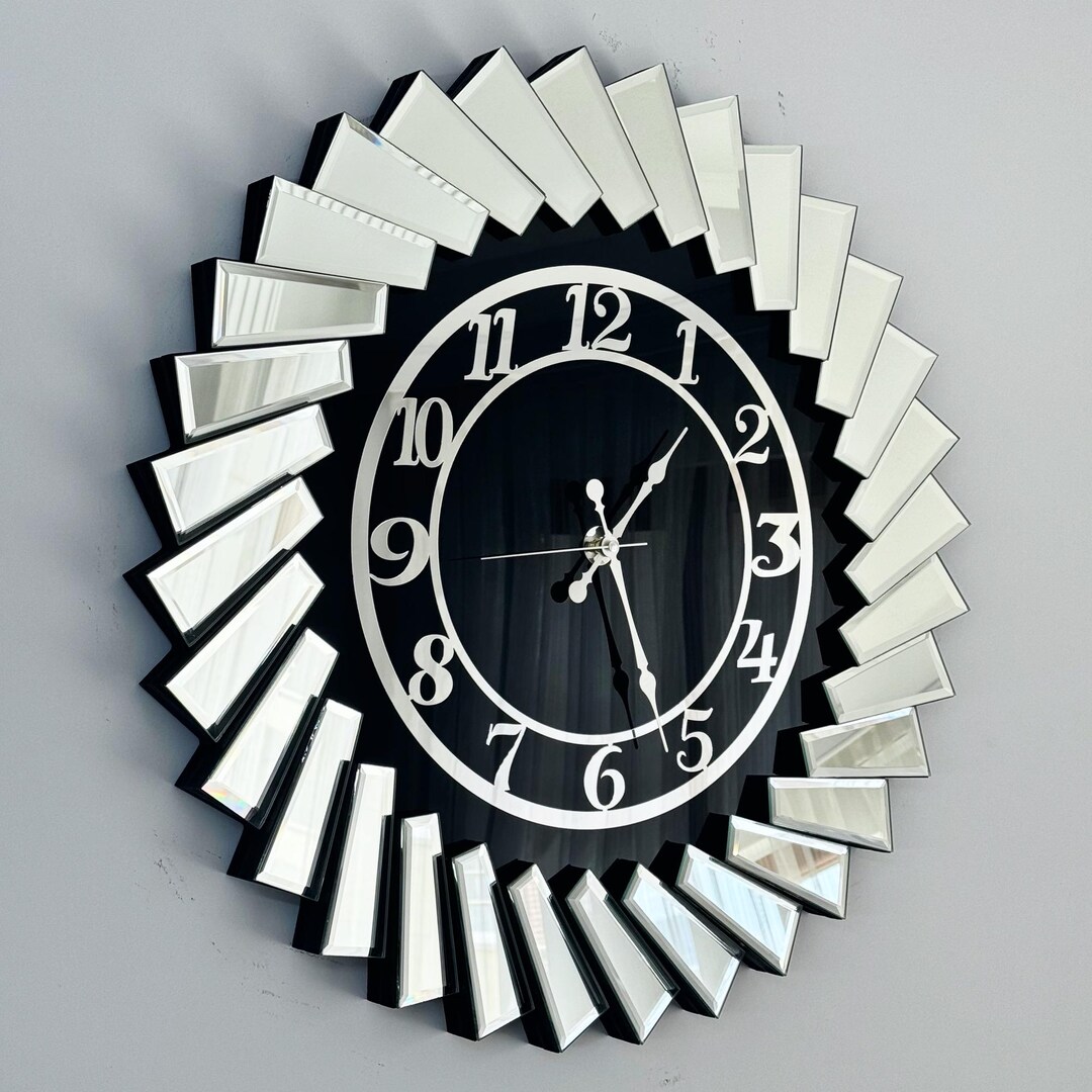 Round Silver Black Wall Clock, Mirrored Wall Clock, Mirrored Wall Decor ...