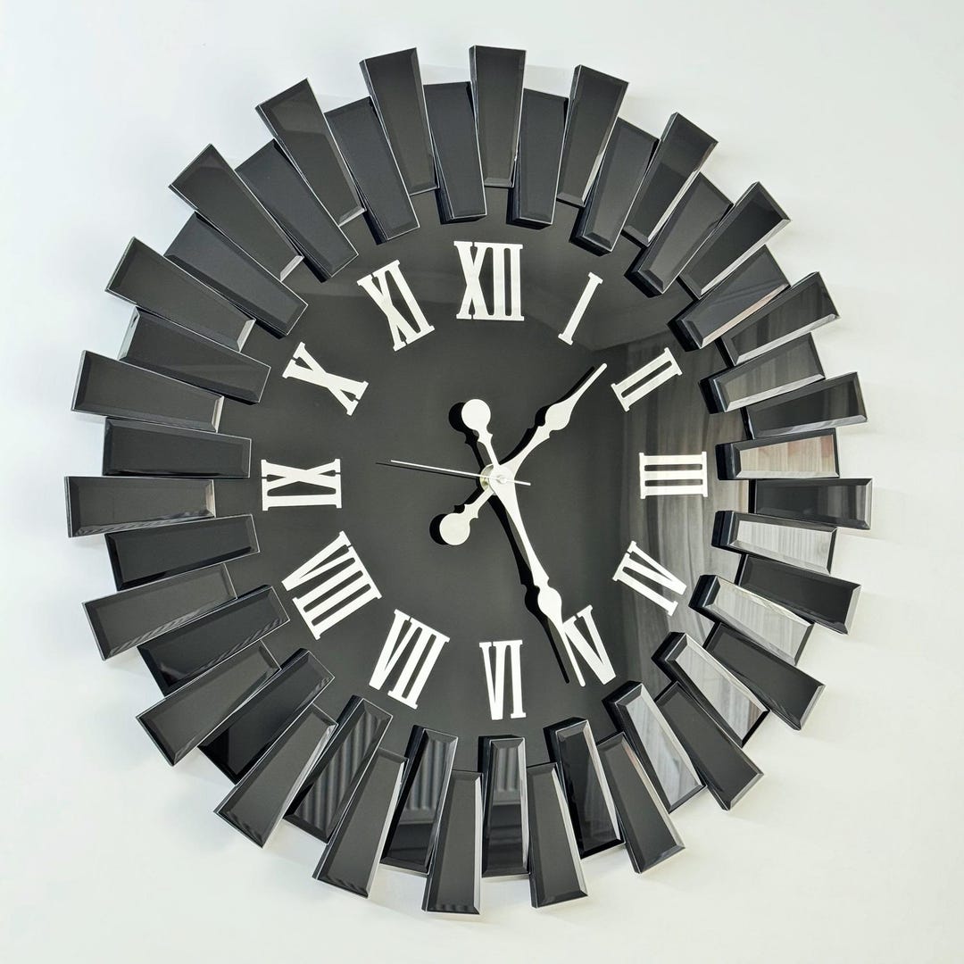 Extra Large Black Mirrored Wall Clock, Roman Numerals, Silent Home ...