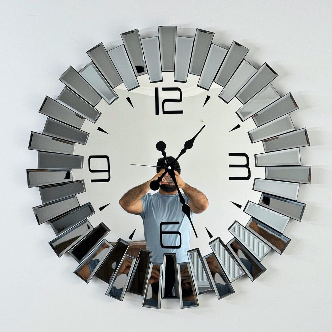 Mirror Wall Clock, Gray Glass Mirror Framed Modern Wall Clock and Wall ...