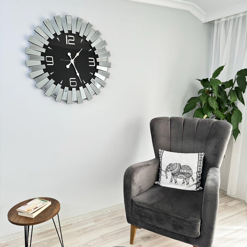 Gray Black Mirrored Wall Clock, Large Numerals Clock, Oversized Home ...