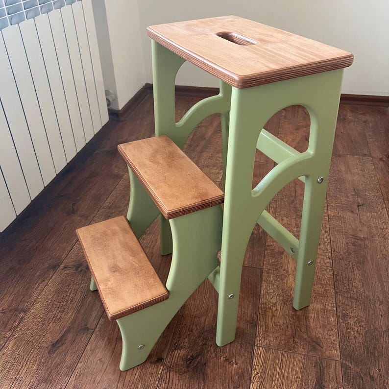 Stepladder, Step Stool, Kitchen Green Step Stool, Wooden Ladder, Foot ...