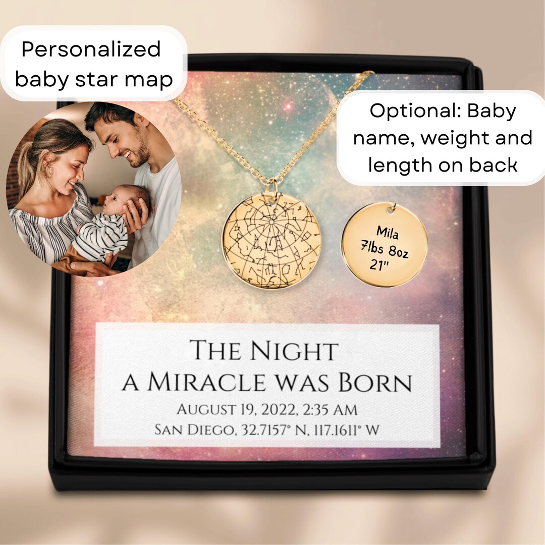 New Mom Baby Birth Star Map Necklace | Custom Star Map Jewelry for New Moms | Personalized Baby ...