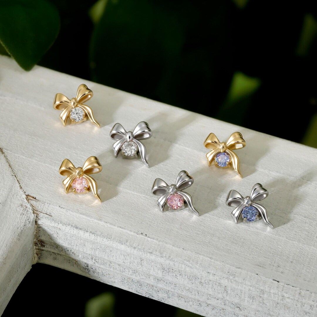 Titanium Bow Flat Helix Studs, Cute CZ Conch Flat Back Earring, 16G 18G ...