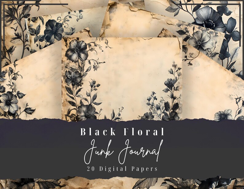 Black Floral Junk Journal Pages Vintage Digital Collage & Scrapbook ...