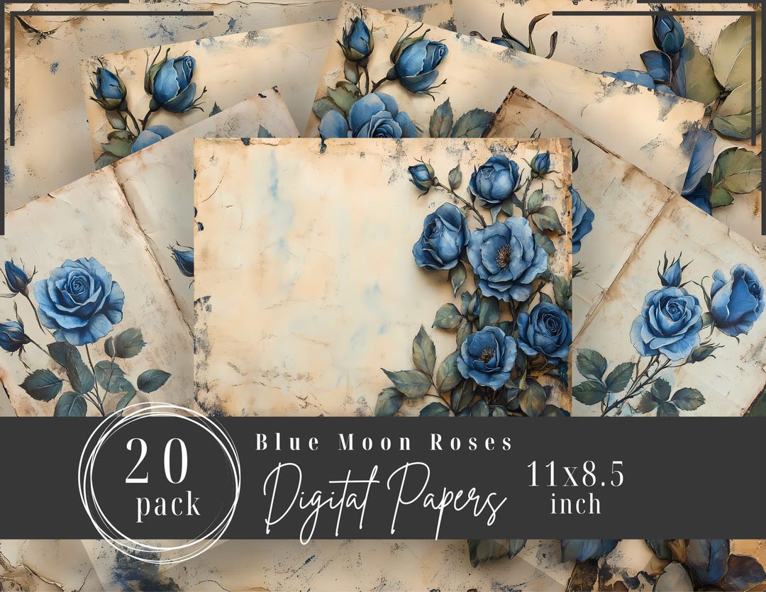 Vintage Blue Rose Paper | Blue Moon Floral Junk Journal Pages ...
