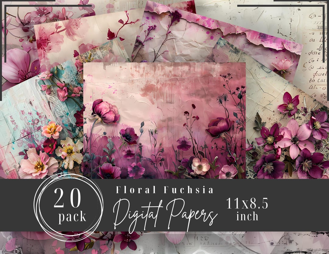 Floral Fuchsia Digital Papers - Junk Journal Pages - Digital ...