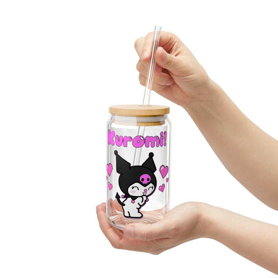 Kuromi Mason Jar, Cute Pink Sipper Glass, 16oz, Sanrio Kawaii Anime Cup ...