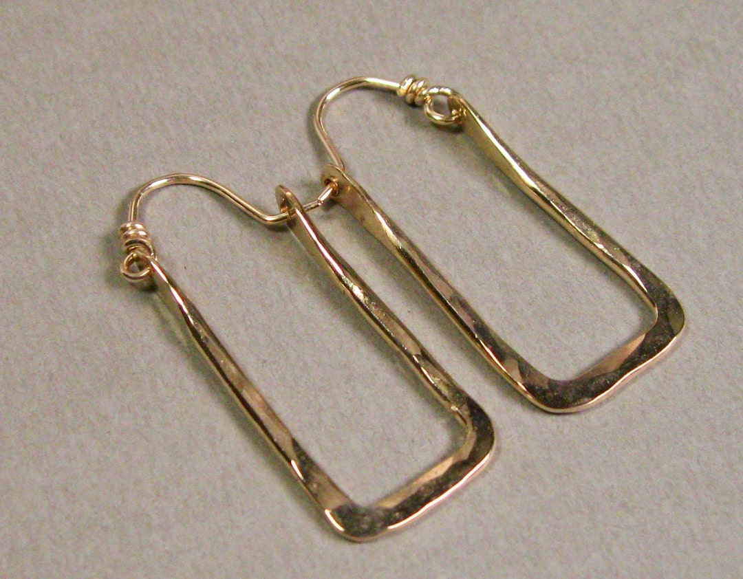 Long Rectangular Gold Filled Hammered Artisan Hoops, Hand Forged Gold ...