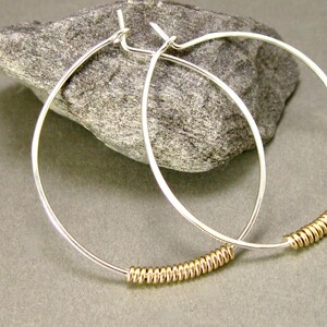1 1/2 Inch Lightweight Mixed Metal Hoops, Hand Forged Silver Hoops With ...