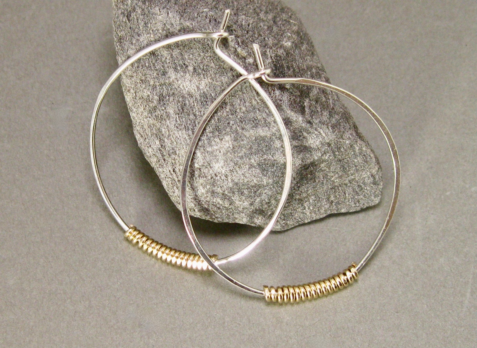 1 1/2 Inch Lightweight Mixed Metal Hoops Hand Forged Silver - Etsy