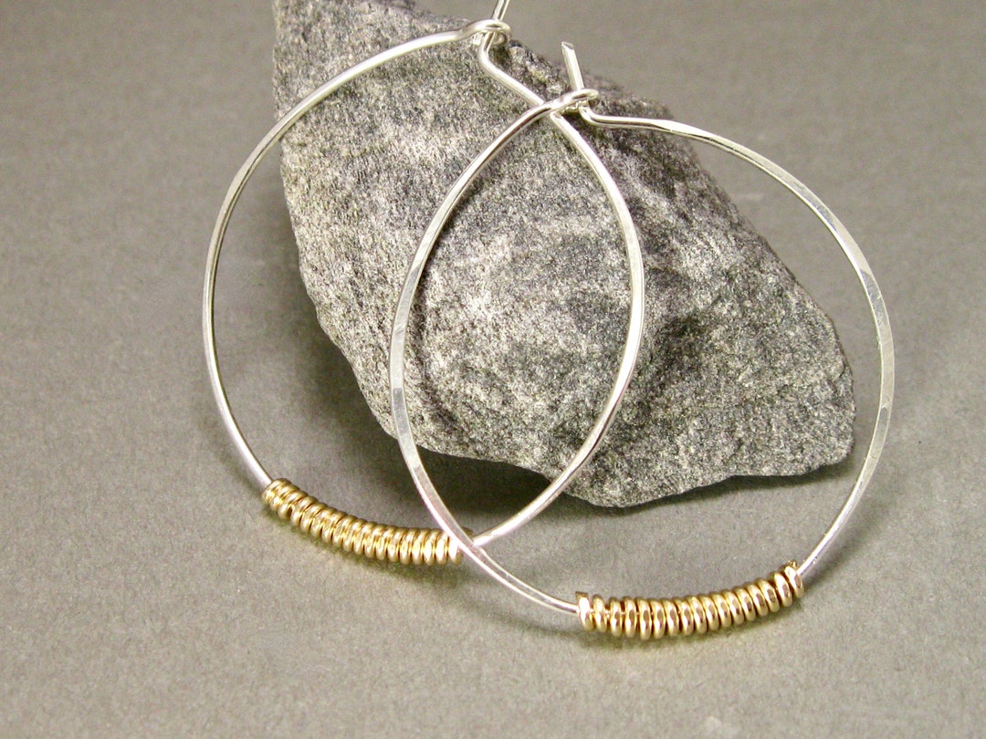 1 1/2 Inch Lightweight Mixed Metal Hoops, Hand Forged Silver Hoops With ...