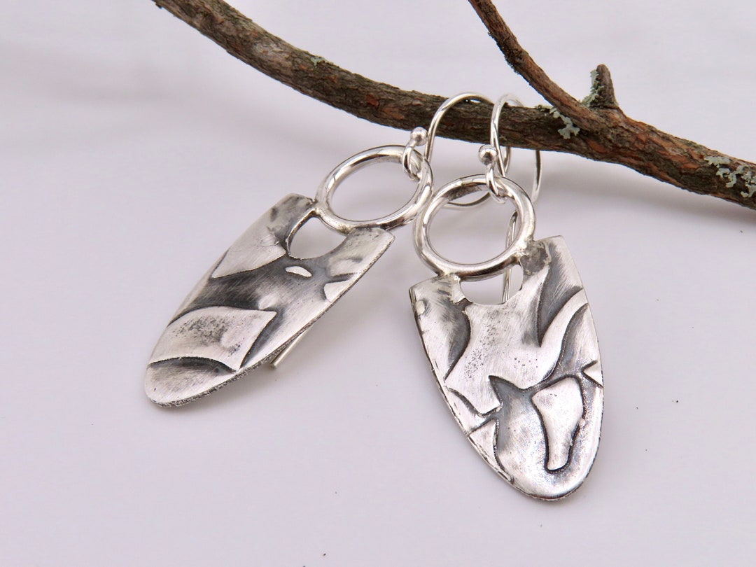 Long Rustic Oxidized Sterling Silver Dangle Earrings, Hand Forged ...