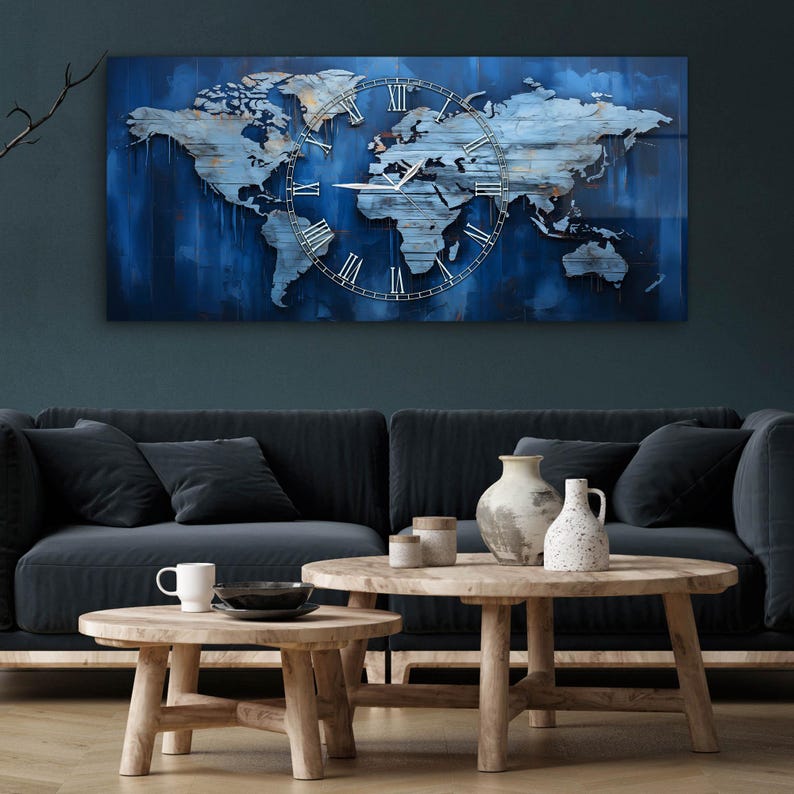 Large World Map Wall Clock: Tempered Glass, Abstract Design - Etsy