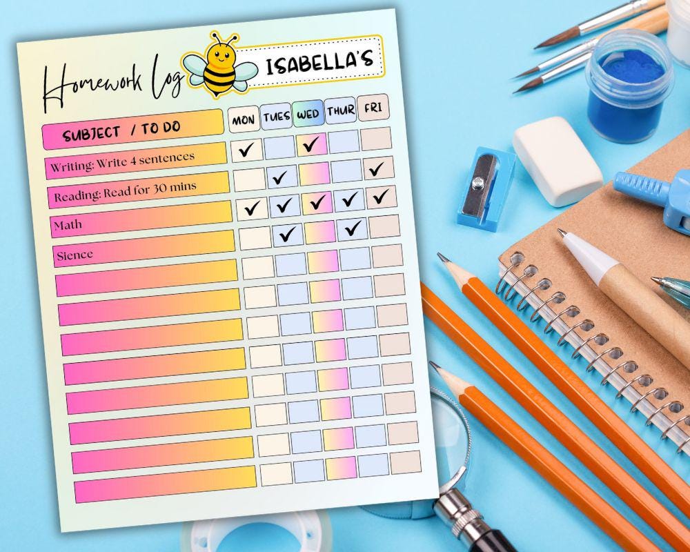 Homework Log Printable | Homework Tracker for Kids | Printable Homework ...