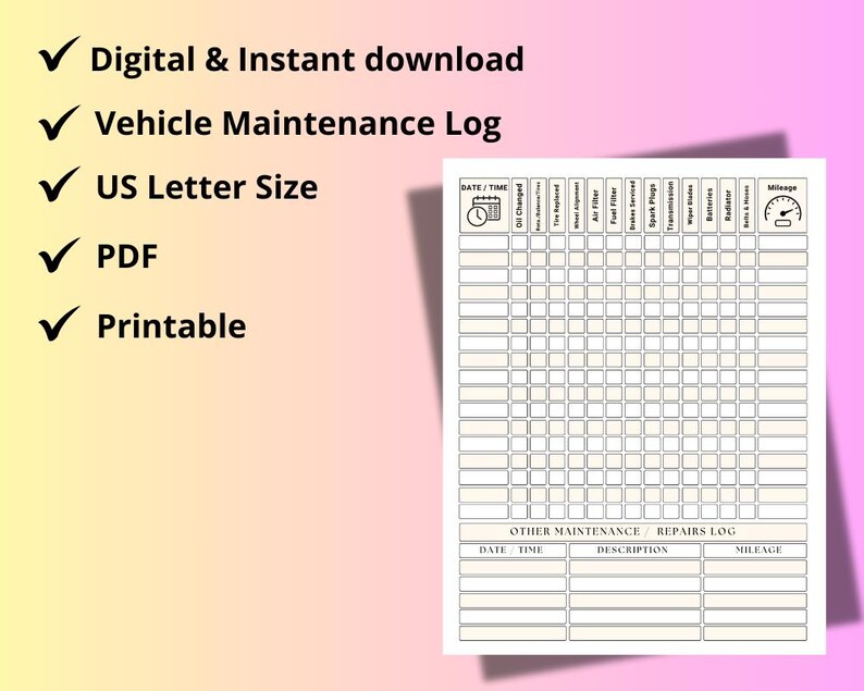 Vehicle Maintenance Log Book, Vehicle Repair Tracker (PDF Download) - Etsy