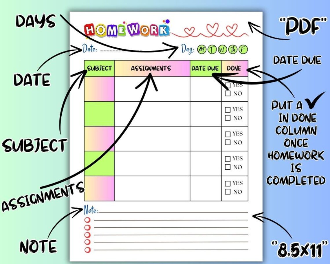 Undated Homework Planner: Assignment Tracker for Students (PDF File) - Etsy