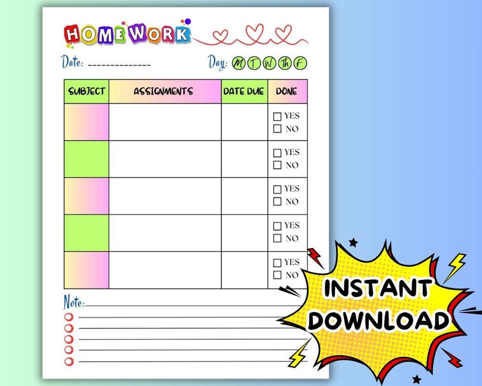 Undated Homework Planner: Assignment Tracker for Students (PDF File) - Etsy