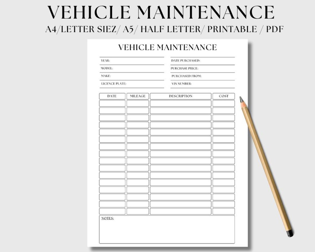 Vehicle Maintenance Log Book, A4/a5/letter/half, Vehicle Service ...