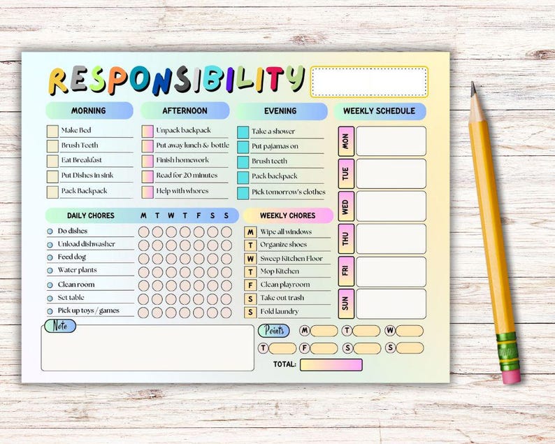 Printable Responsibility Chore Chart for Kids | Kids Daily Weekly ...