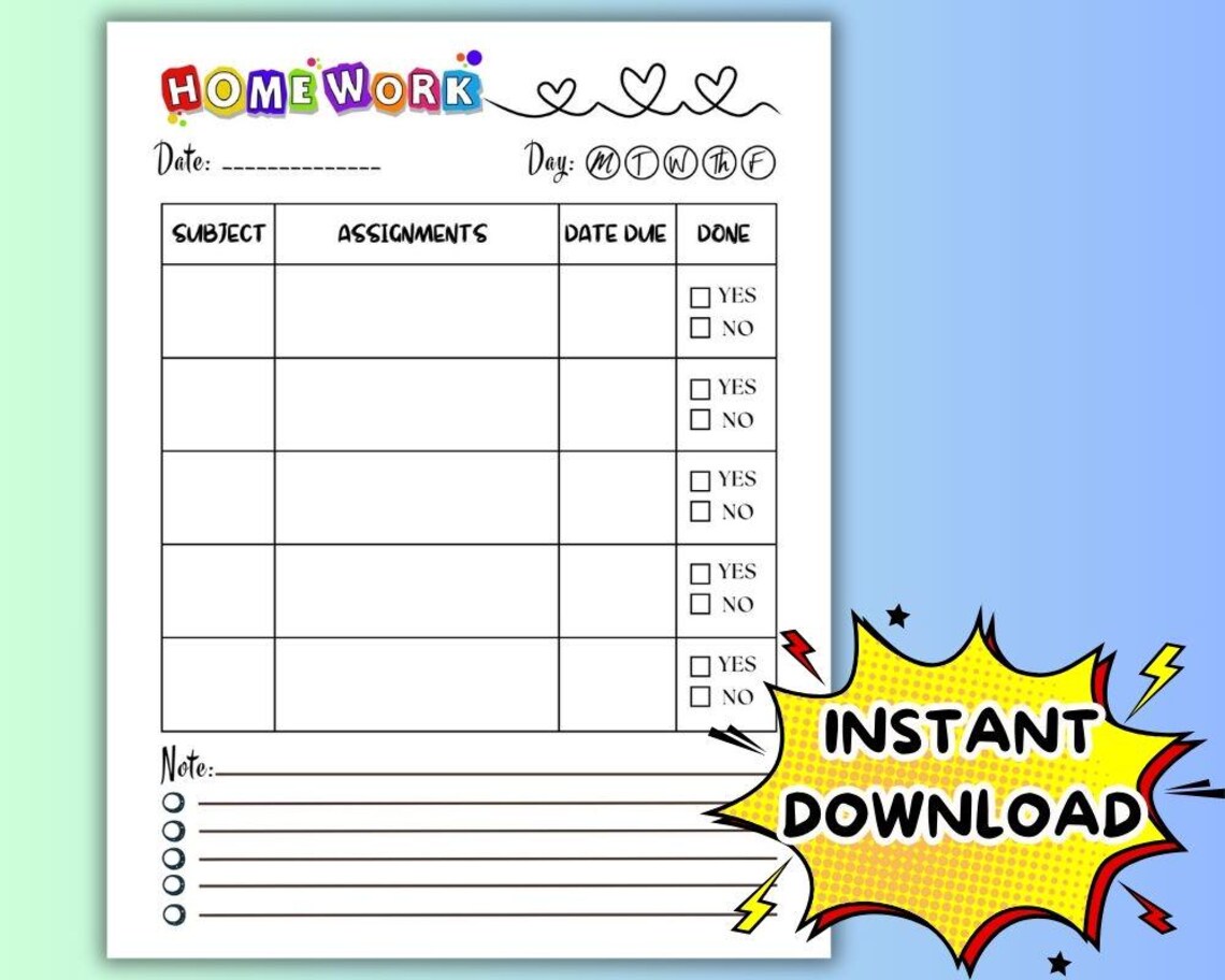Undated Homework Planner: Assignment Tracker for Students (PDF File) - Etsy