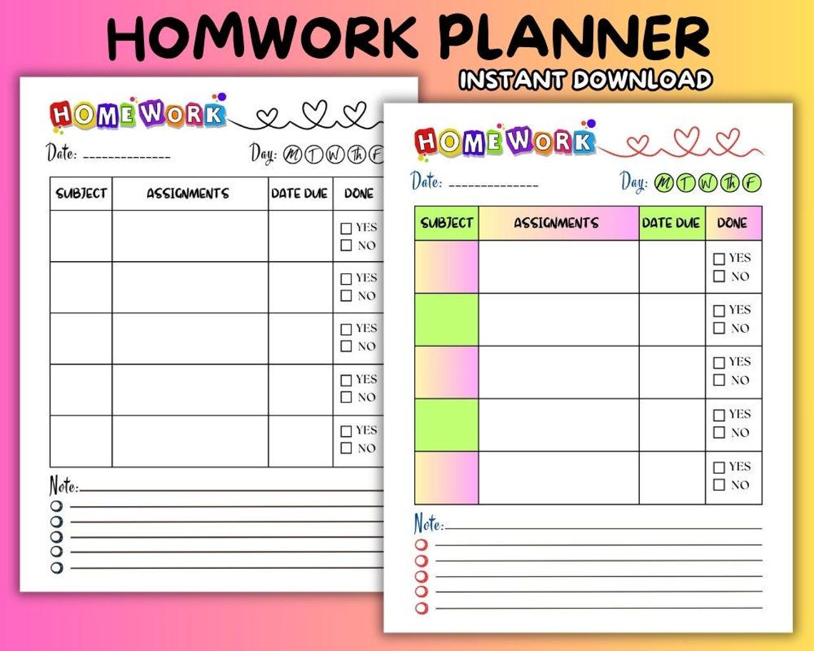 Undated Homework Planner: Assignment Tracker for Students (PDF File) - Etsy