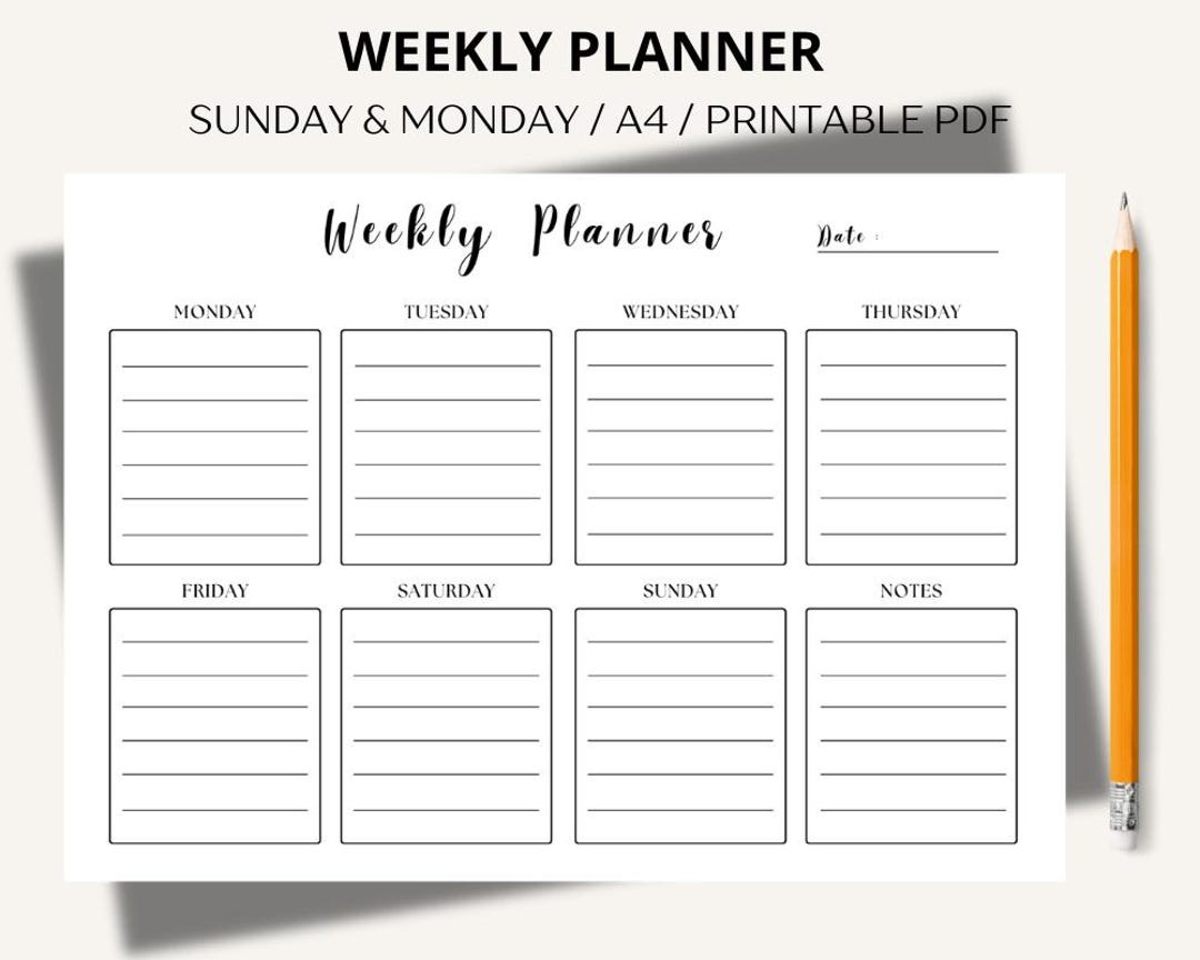 Weekly Planner Printable Landscape, Minimalist Weekly Schedule, Week at ...